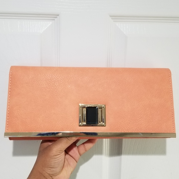 Bags | Pastel Coral Peach Large Rectangle Clutch With Removable Gold ...